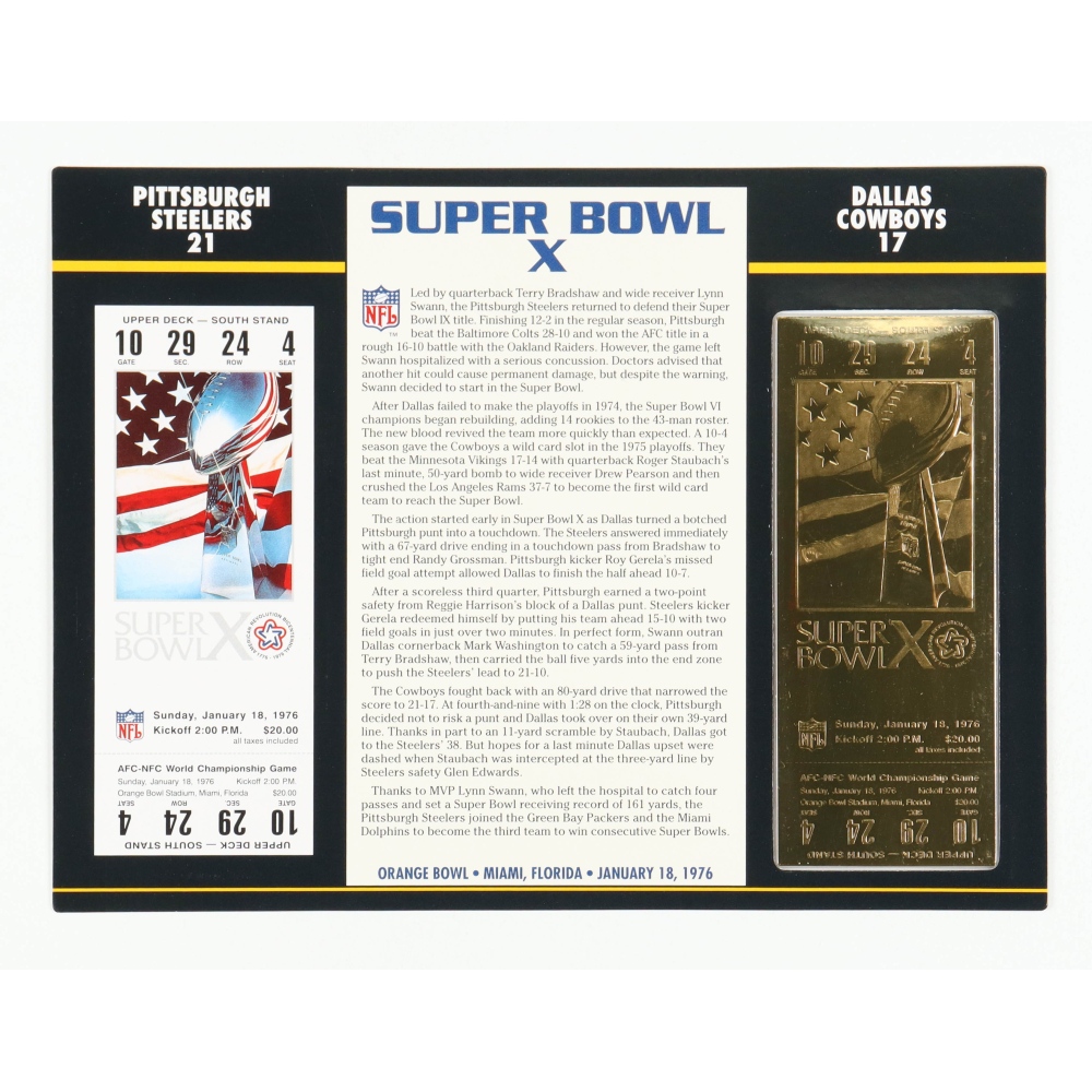 Super Bowl X Commemorative 9x12 Score Card Display with 23kt Gold ...