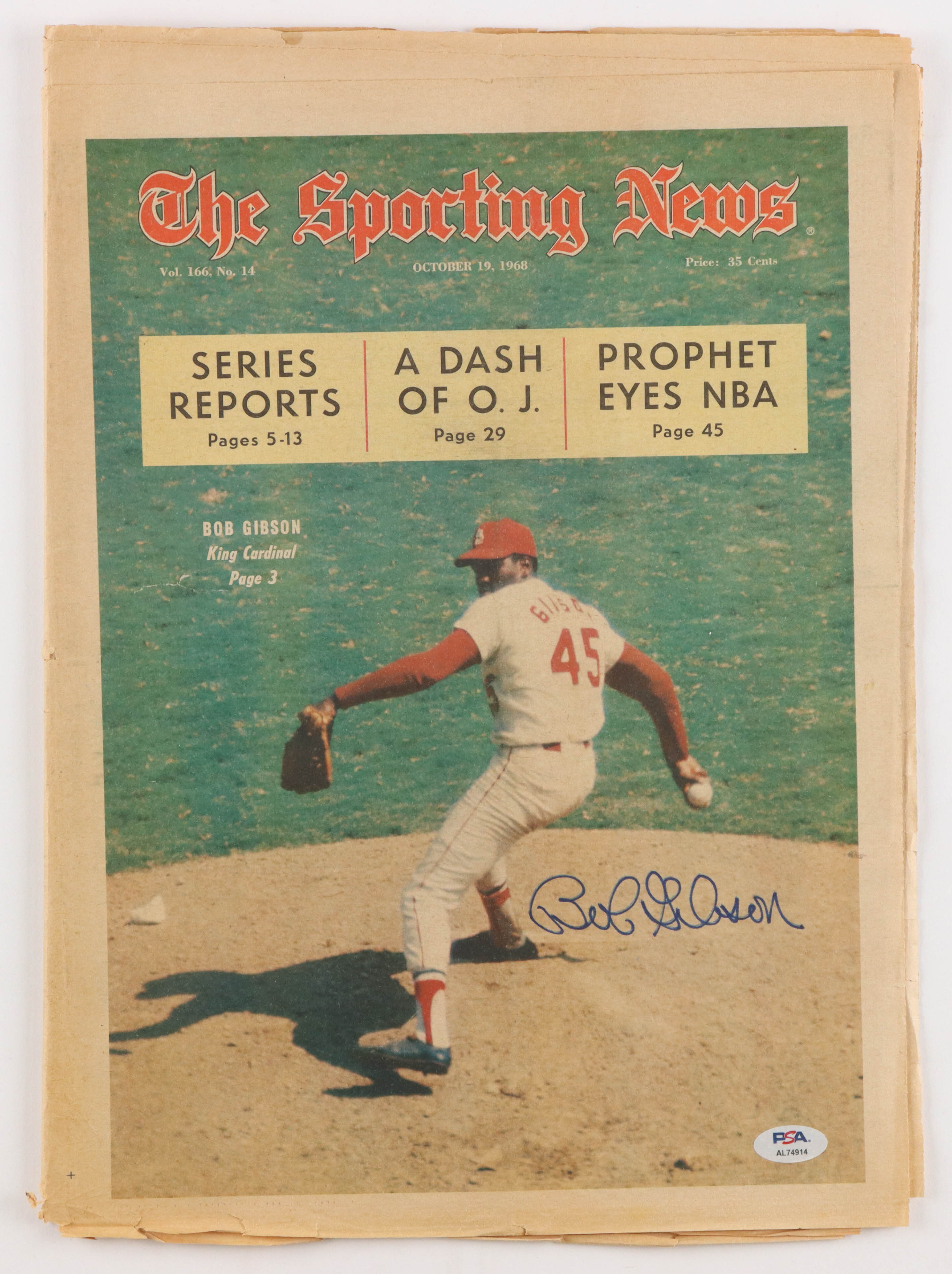 Bob Gibson Signed 1968 "The Sporting News" Full Issue Newspaper (PSA ...