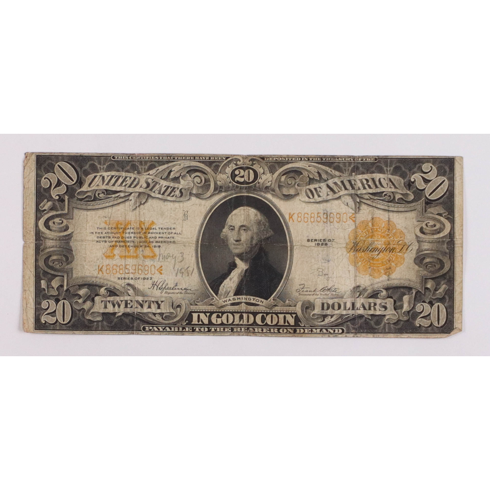 1922 $20 Twenty-Dollar U.S. Gold Certificate Bank Note | Pristine Auction