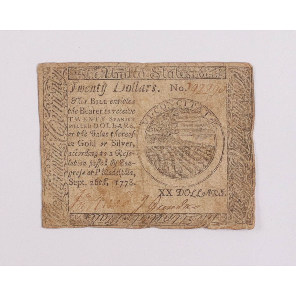 1778 $20 Twenty Dollars - Hall and Sellers - Colonial Currency Note ...