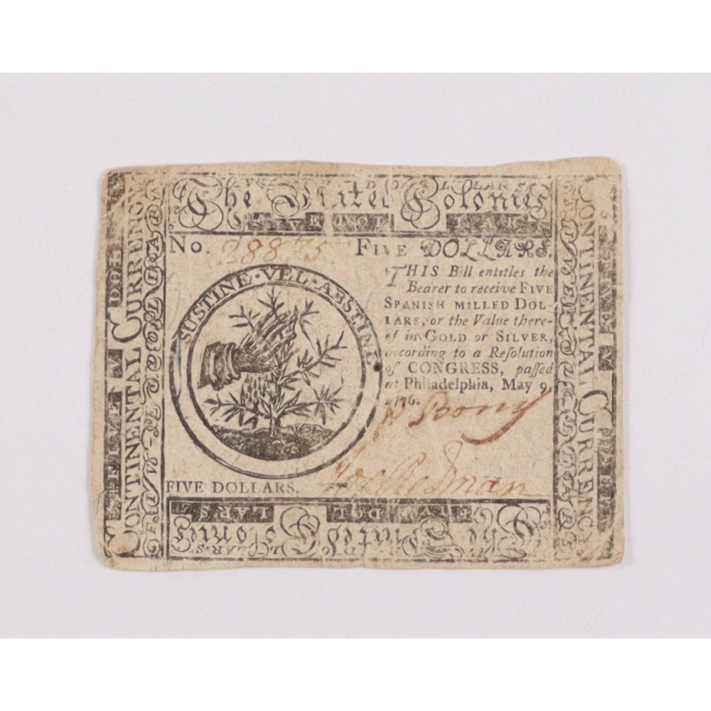 1776 $5 Five Dollars - Hall and Sellers - Colonial Currency Note ...