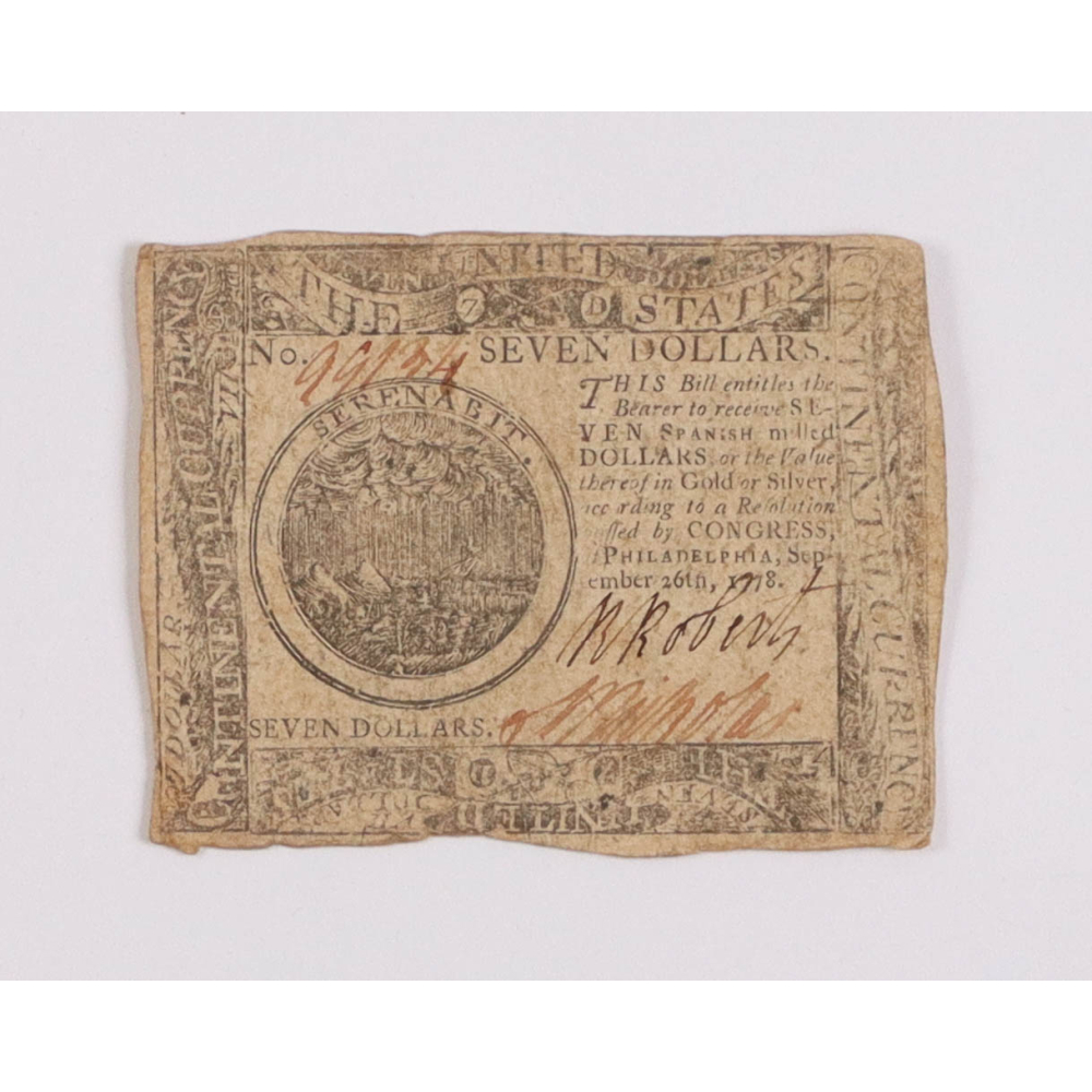 1778 $7 Seven Dollars - Hall and Sellers - Colonial Currency Note ...