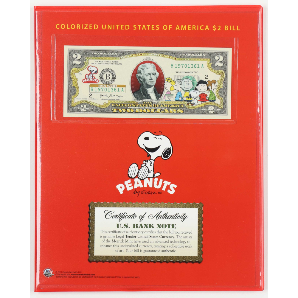 Peanuts Genuine Legal Tender U.S. $2.00 Two Dollar Bill Commemorative ...