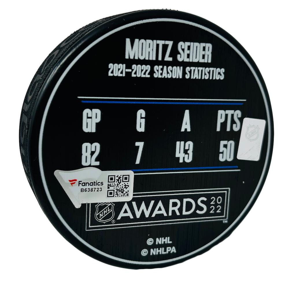 Moritz Seider Signed LE Red Wings 2022 Calder Stat Puck (Fanatics ...