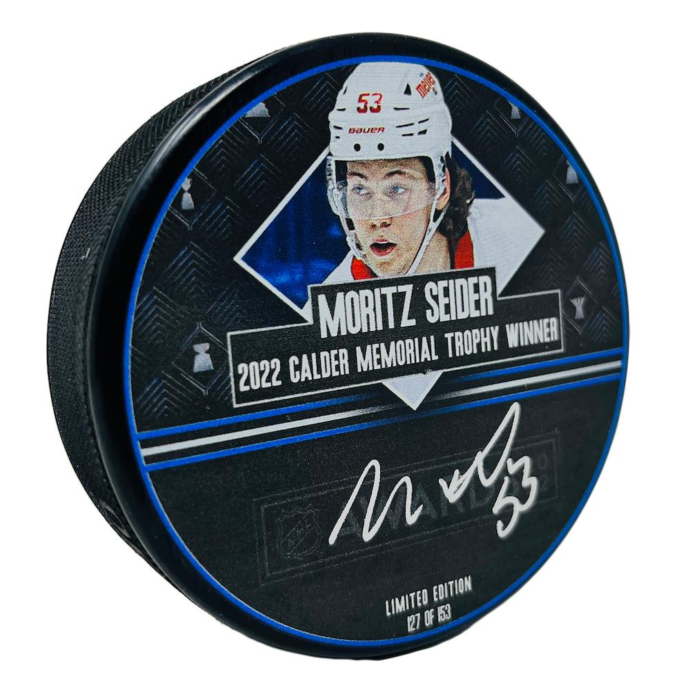 Moritz Seider Signed LE Red Wings 2022 Calder Stat Puck (Fanatics ...