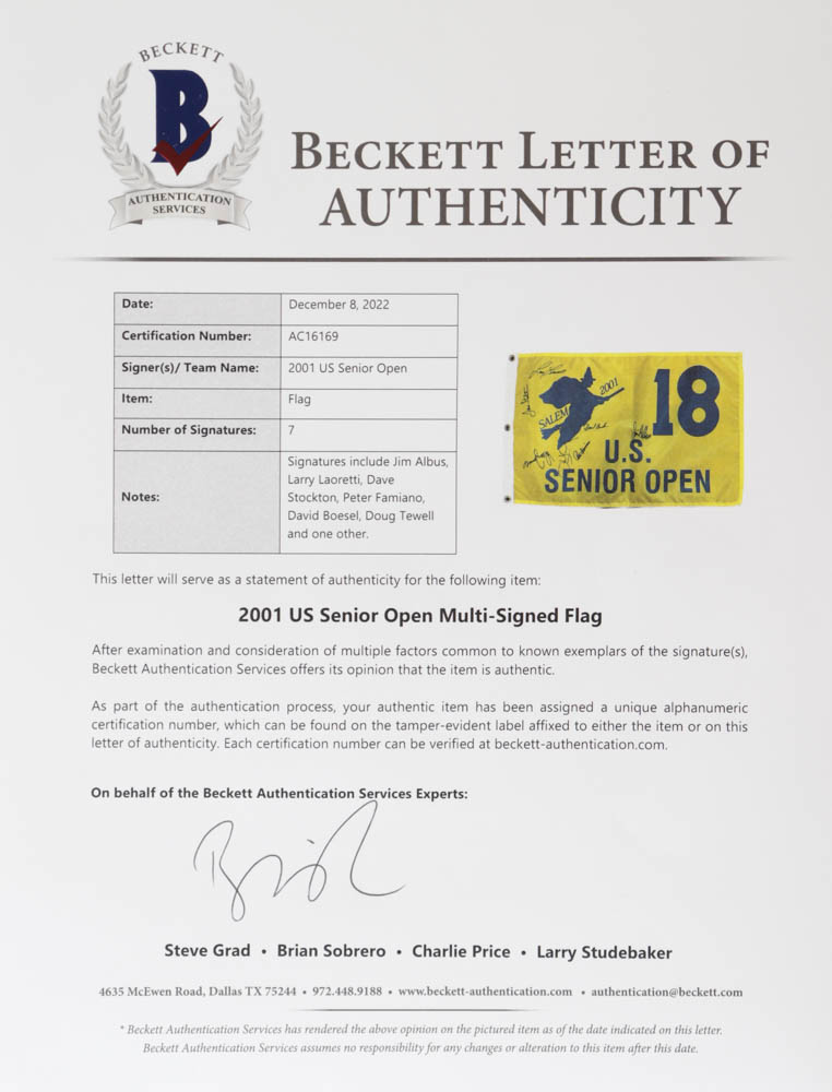 2001 US Senior Open Pin Flag Signed by (7) with Jim Albus, Larry ...