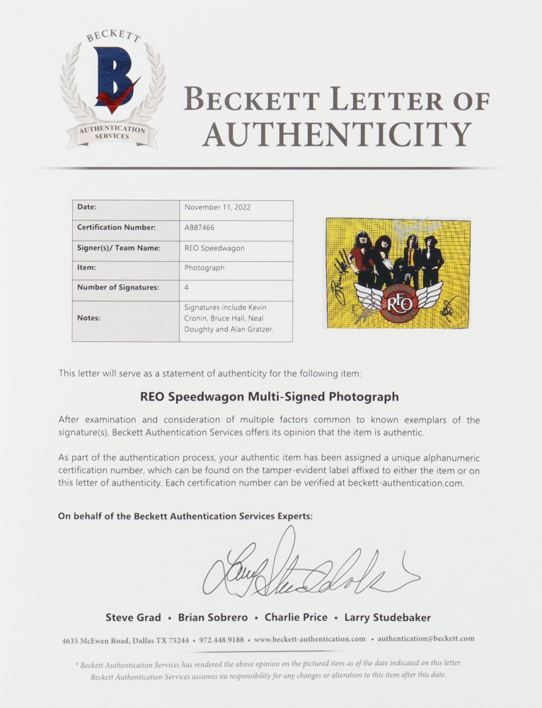 REO Speedwagon 8x10 Photo Signed by (4) with Kevin Cronin, Bruce Hall ...