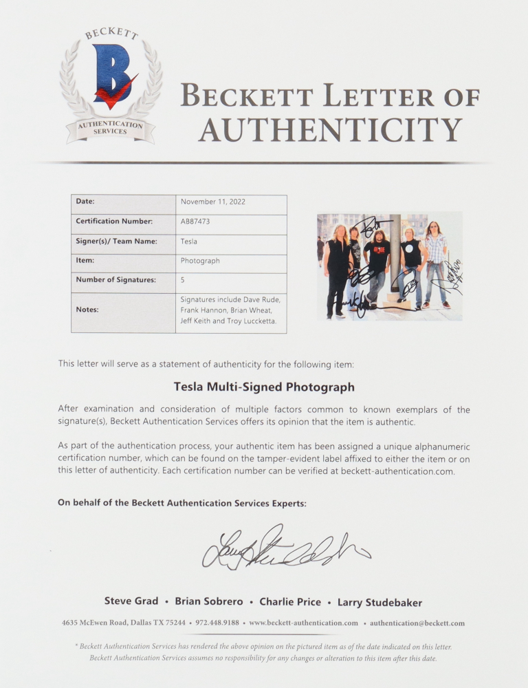 Tesla 8x10 Photo Signed by (5) with Jeff Keith, Brian Wheat, Troy ...