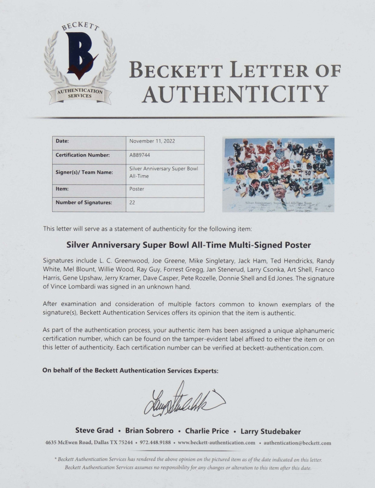 Super Bowl Greats Silver Anniversary 24x36 Poster on Board Signed by ...