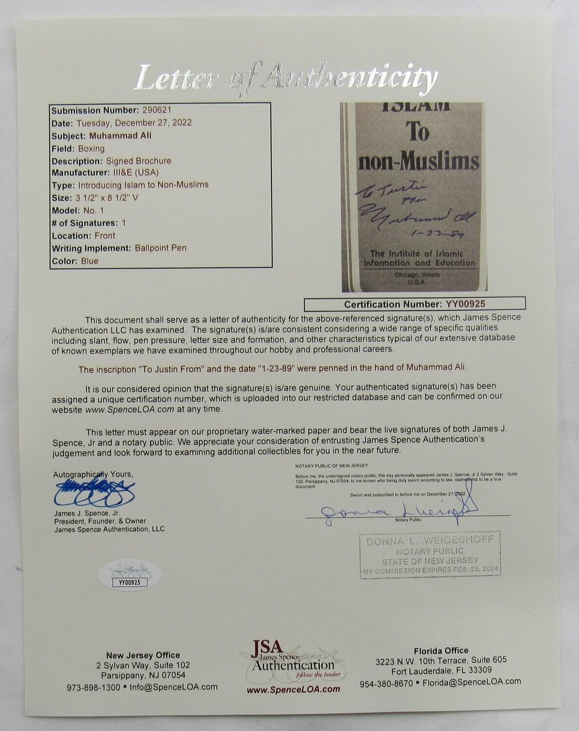 Muhammad Ali Signed 3.5x8.5 Islam Brochure (JSA) | Pristine Auction