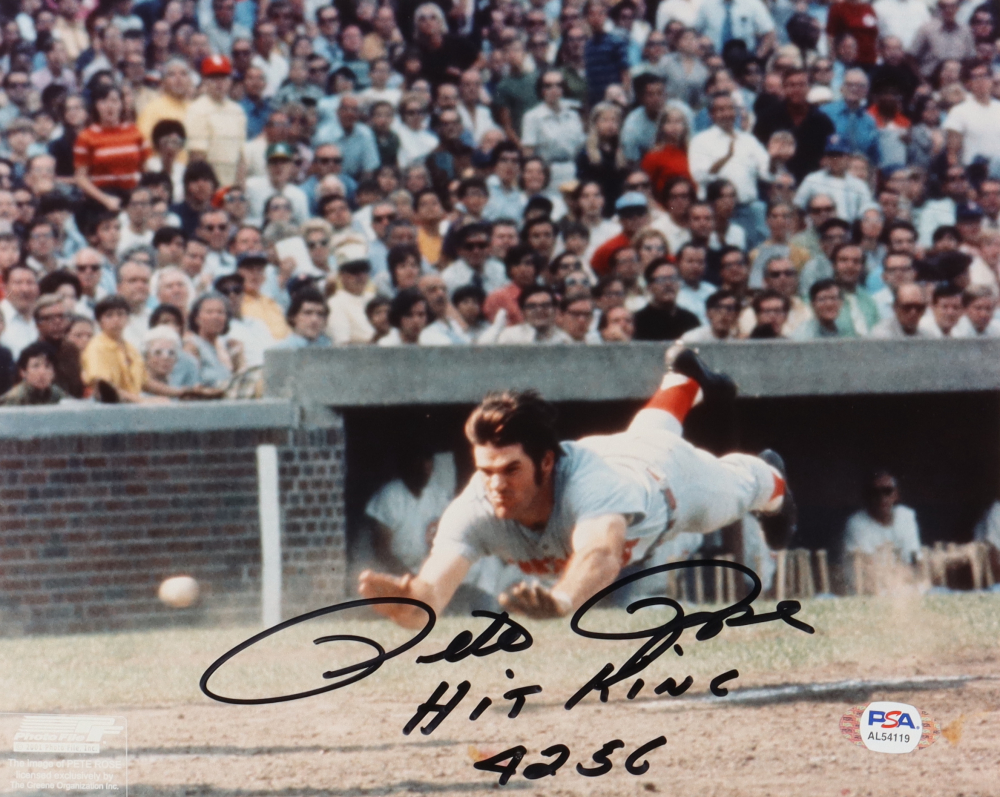 Pete Rose Signed Reds 8x10 Photo Inscribed "Hit King" & "4256" (PSA ...