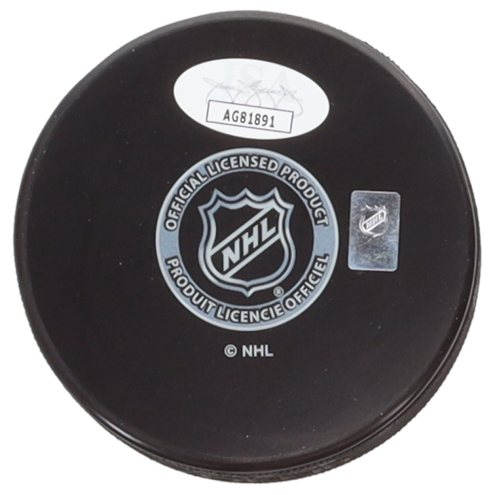 Jacob Markstrom Signed Flames Logo Hockey Puck (JSA) | Pristine Auction