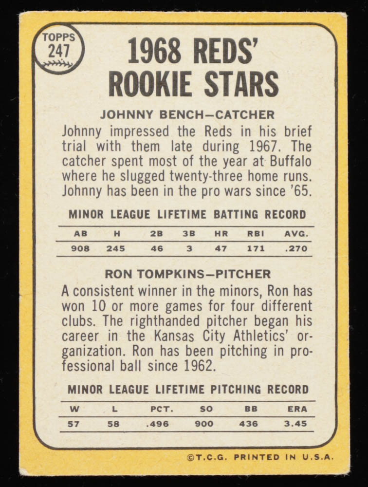 Johnny Bench / Ron Tompkins 1968 Topps #247A Rookie Stars RC | Pristine ...