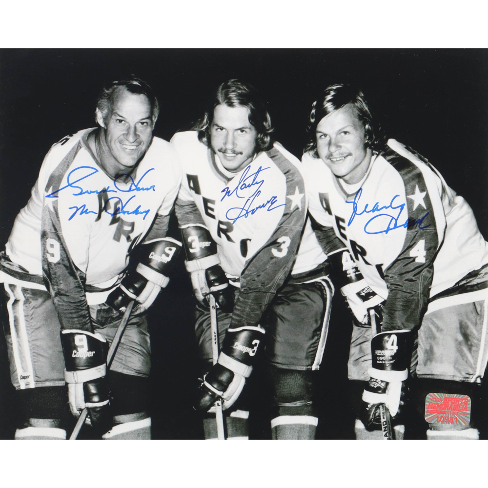 Gordie Howe, Mark Howe & Marty Howe Signed Aeros 8x10 Photo Inscribed ...