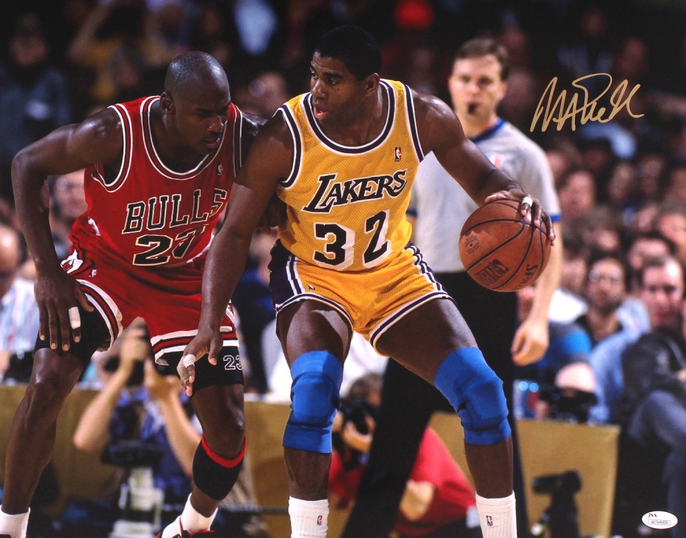 Magic Johnson Signed Lakers 16x20 Photo vs Michael Jordan (JSA COA ...