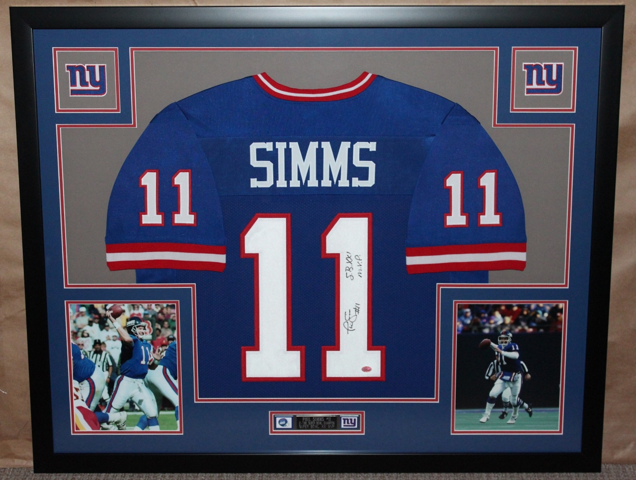 Phil Simms Signed Giants 35" x 43" Custom Framed Jersey Inscribed "SB ...