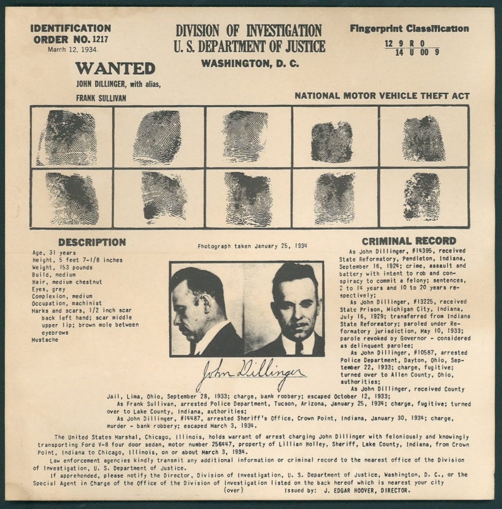 Original Printed John Dillinger Finger Print Card | Pristine Auction