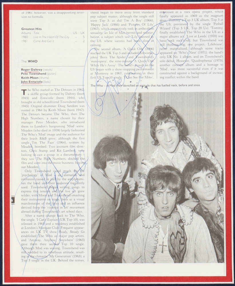 Roger Daltrey, Pete Townshend & John Entwistle Signed Custom Framed Cut ...