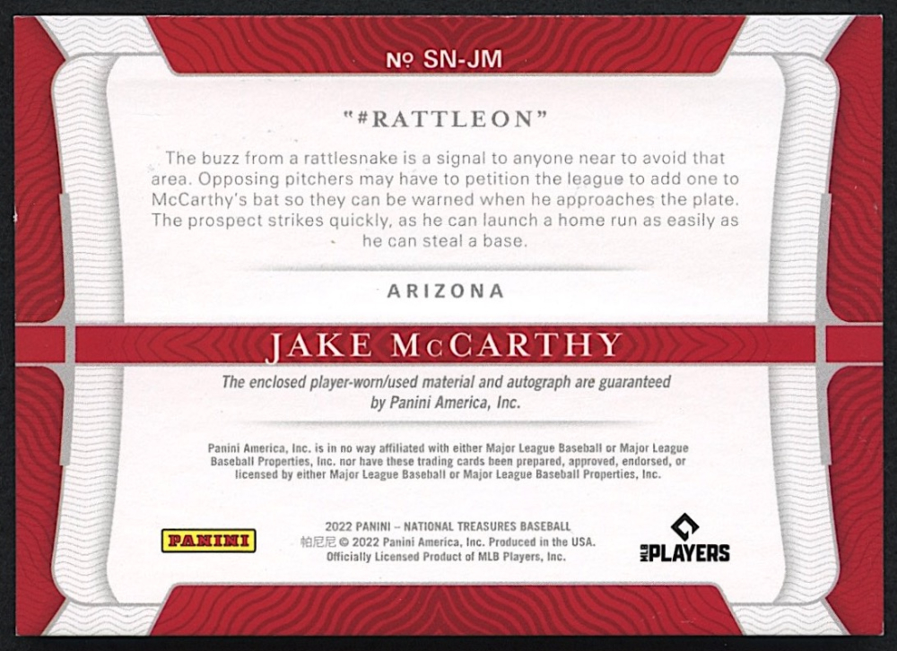 Jake McCarthy 2022 Panini National Treasures Signature Names Platinum ...