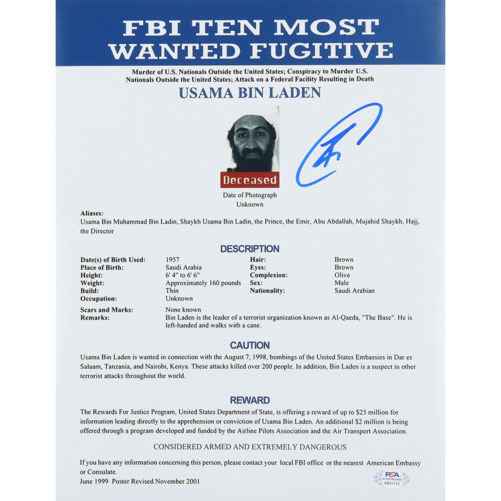 Robert J. O'Neill Signed "FBI Ten Most Wanted Fugitives" 11x14 Photo ...