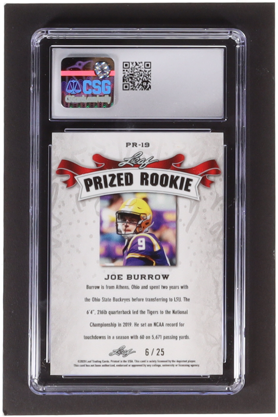Joe Burrow 2020 Leaf Prized Rookie Silver #PR19 #6/25 RC (CSG 9.5 ...