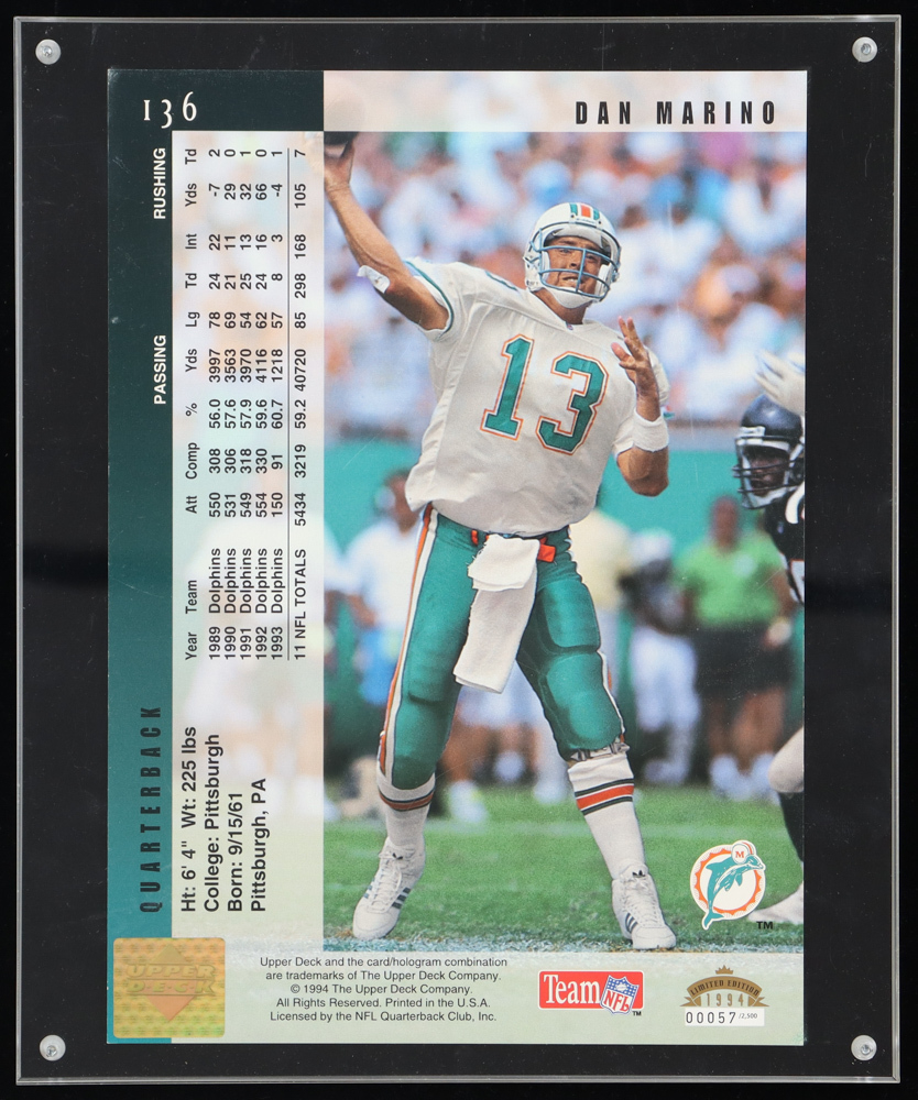 Dan Marino Signed LE 10x12 1994 Upper Deck #136 Blowup Display (UDA ...