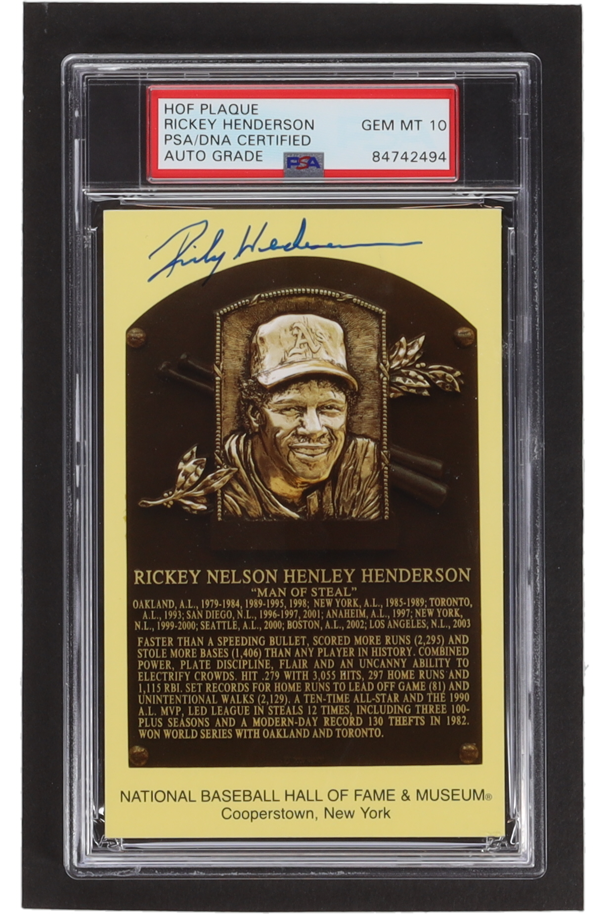 Rickey Henderson Signed Hall of Fame Plaque Postcard (PSA) | Pristine ...