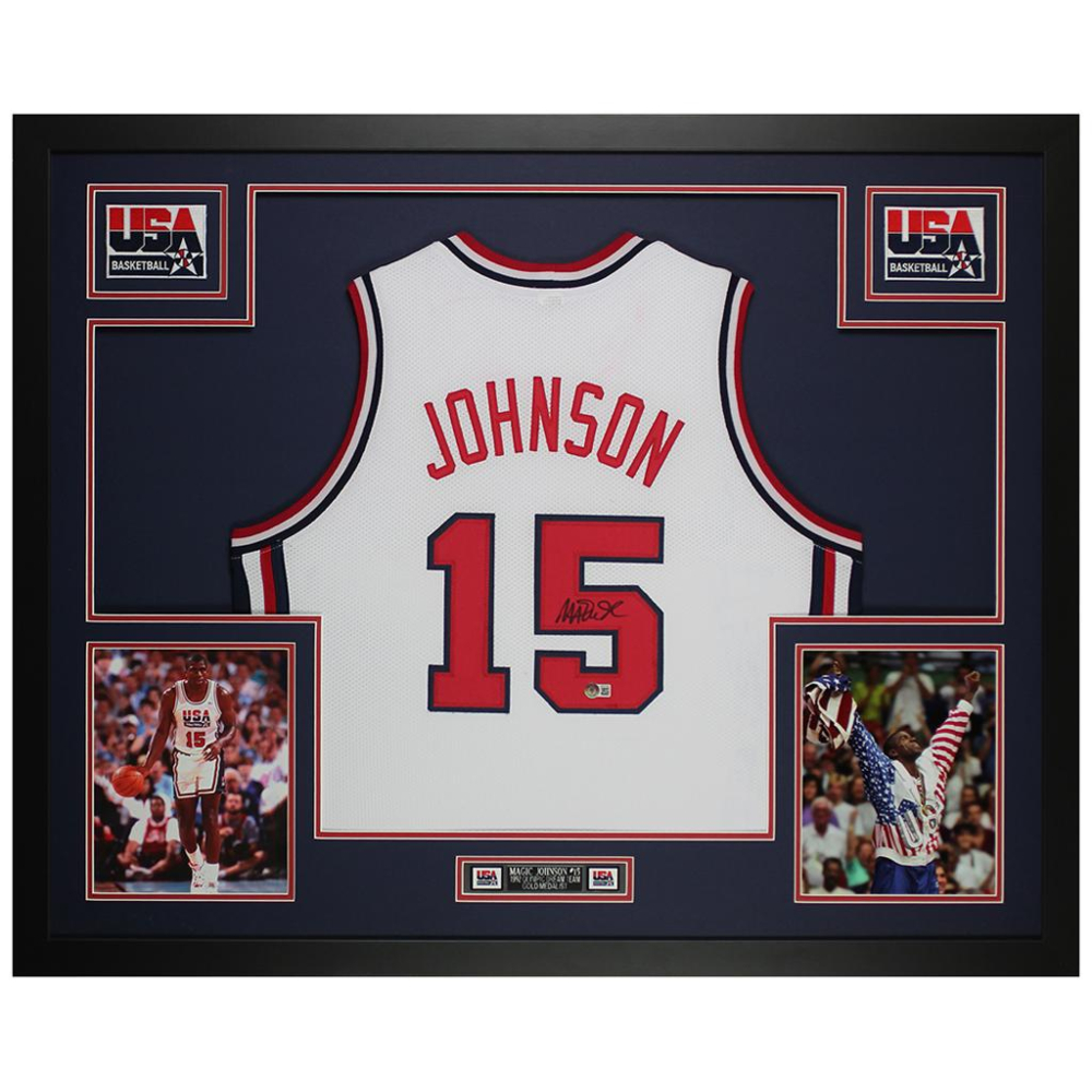 Magic Johnson Signed 35x43 Custom Framed Jersey Display (Beckett ...