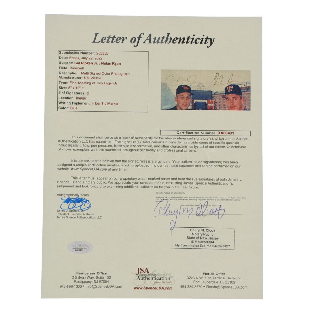 Cal Ripken Jr. & Nolan Ryan Signed 8x10 Photo (JSA) | Pristine Auction