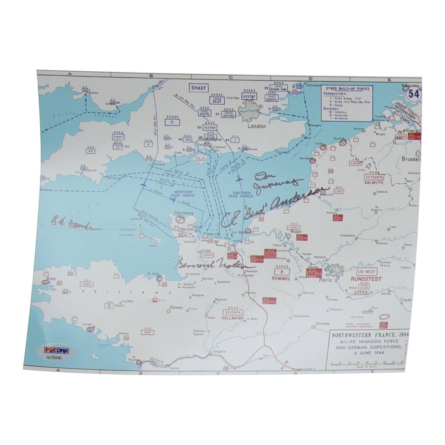 1944 WWII Map 8x10 Photo Signed by (4) with Bud Anderson, Don Jakeway ...