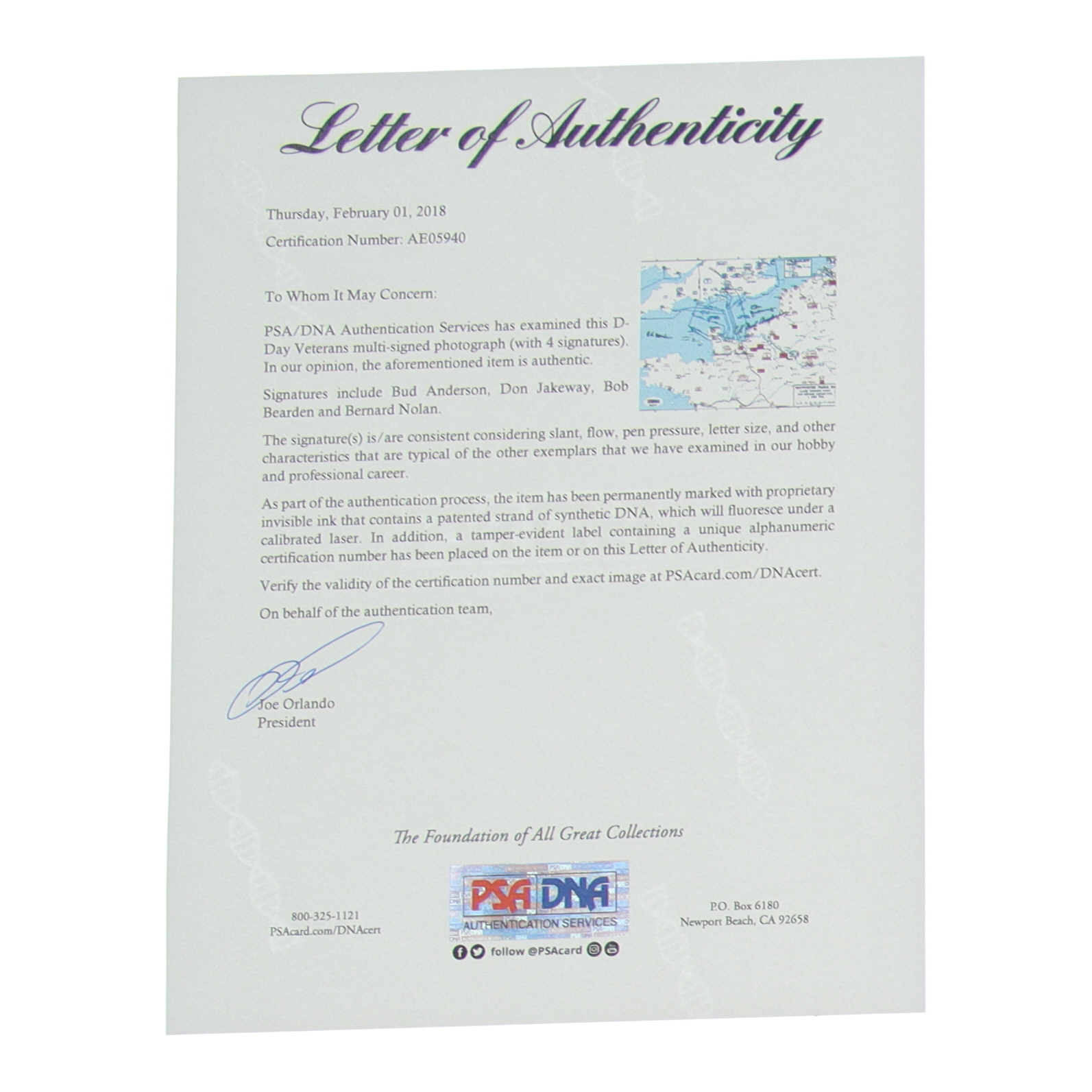 1944 WWII Map 8x10 Photo Signed by (4) with Bud Anderson, Don Jakeway ...