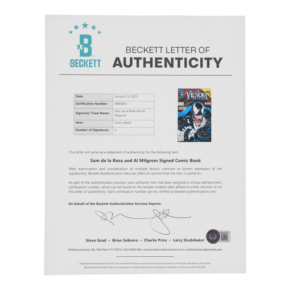 Sam de la Rosa & Al Milgrom Signed LE 1993 "Venom: Lethal Protector ...
