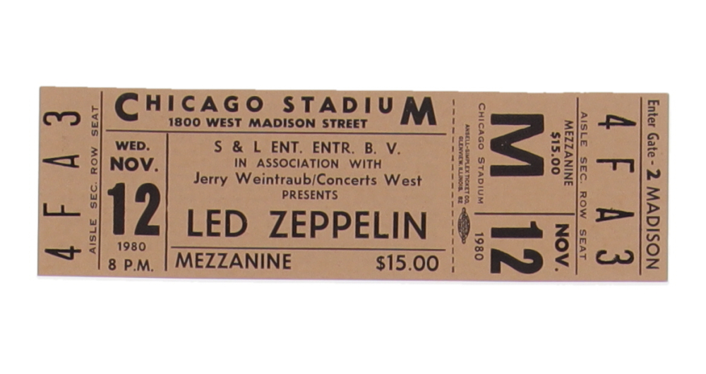 Led Zeppelin 1980 Chicago Stadium Concert Ticket with Color Poster ...