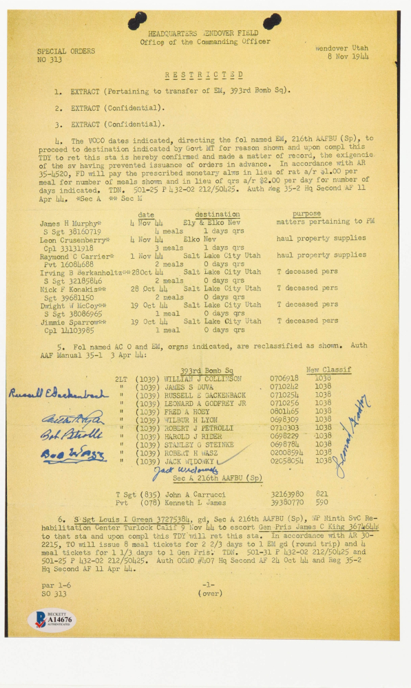 World War II 8x14 Special Orders Print Signed By (6) with Russell E ...