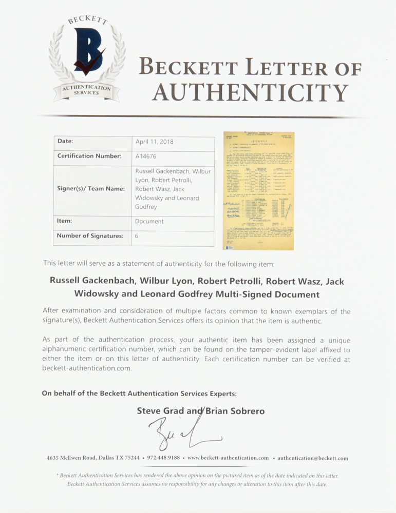 World War II 8x14 Special Orders Print Signed By (6) with Russell E ...