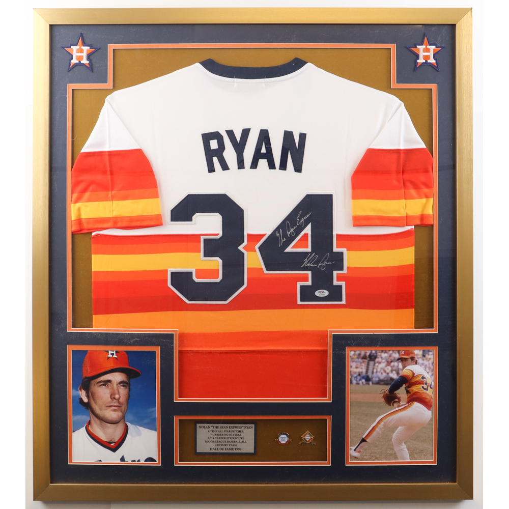 Nolan Ryan Signed Custom Framed Jersey Display with (2) Hall Of Fame ...