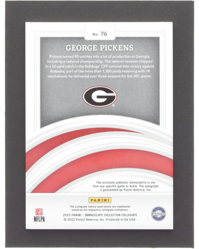 George Pickens 2022 Immaculate Collection Collegiate #76 JSY AU #31/99 ...