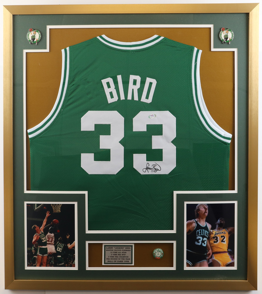 Larry Bird Signed Custom Framed Jersey Display with Vintage Celtics Lapel Pin & (2) Metal Logos ...