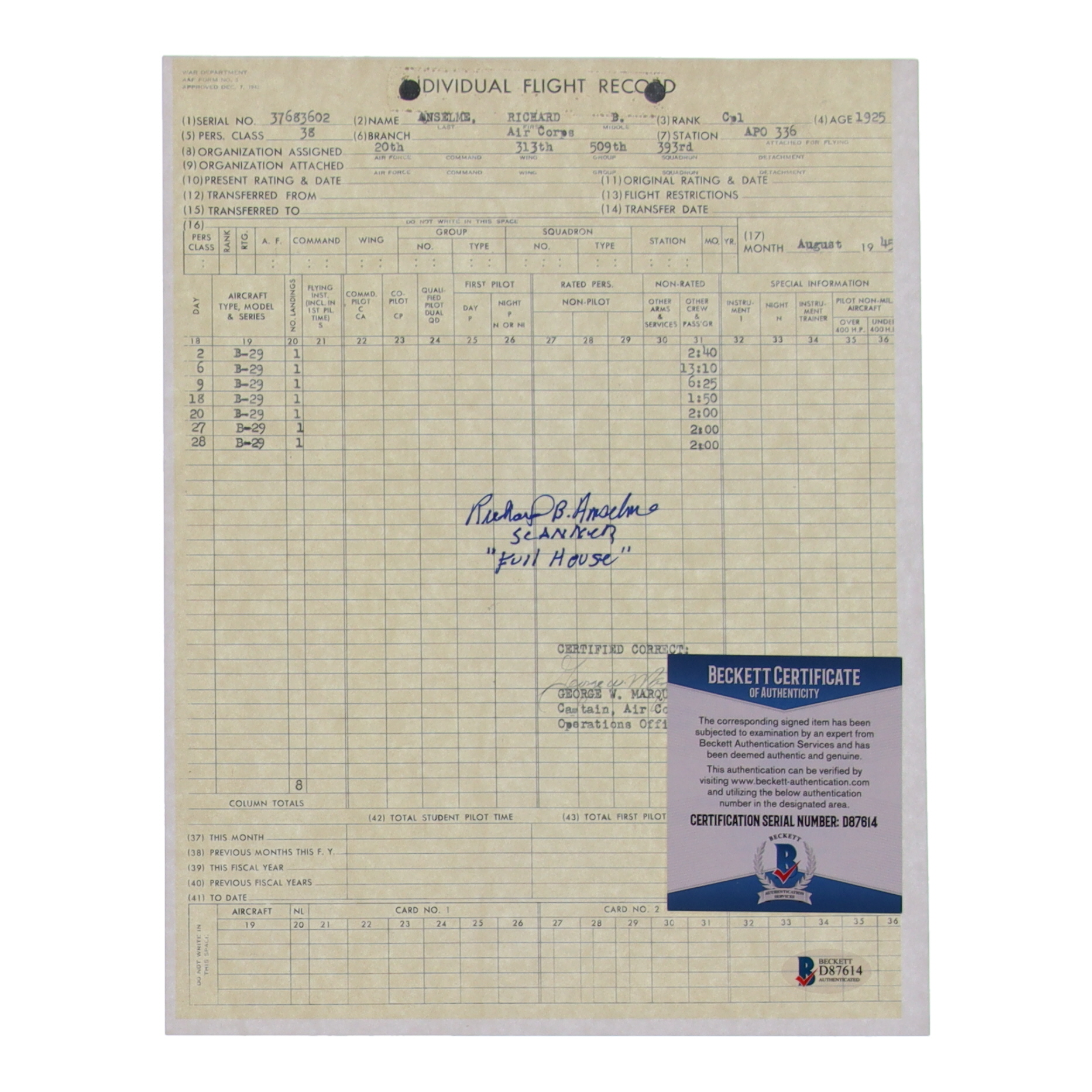 Richard B. Anselme Signed 8.5x11 WWII Flight Record Print With ...