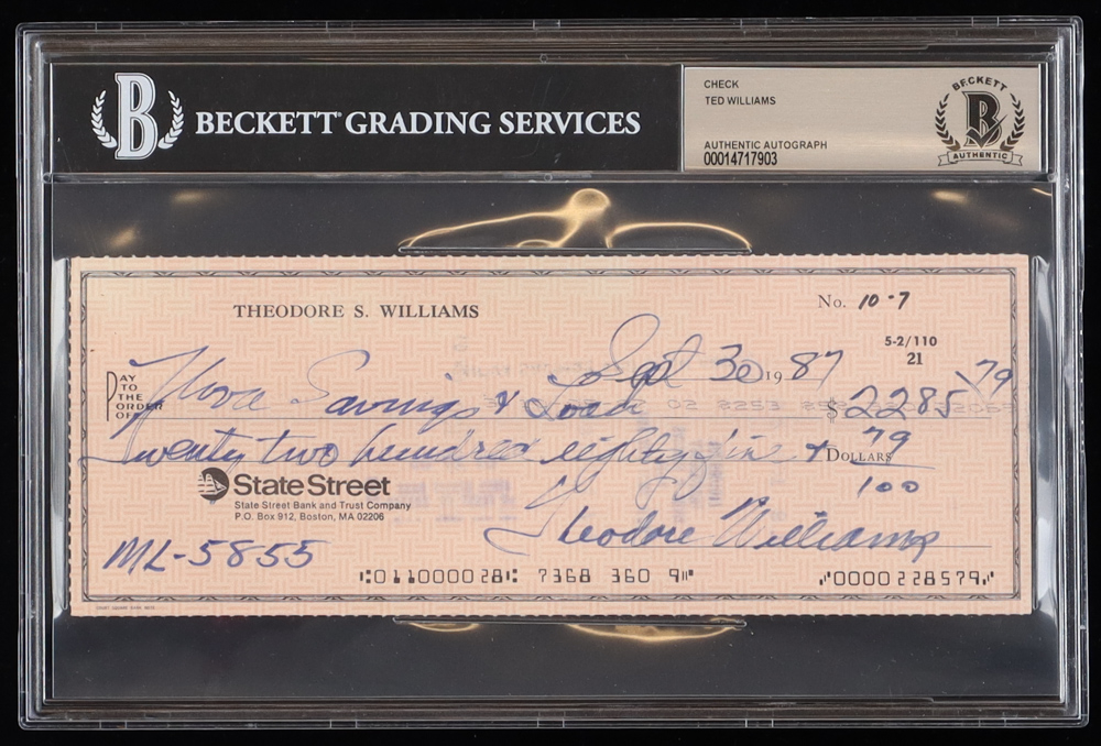 Ted Williams Signed 1987 Personal Check (Beckett) | Pristine Auction