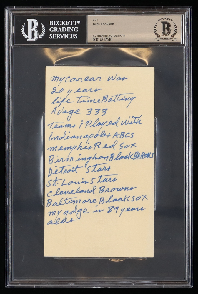Buck Leonard Handwritten Index Card (Beckett) | Pristine Auction