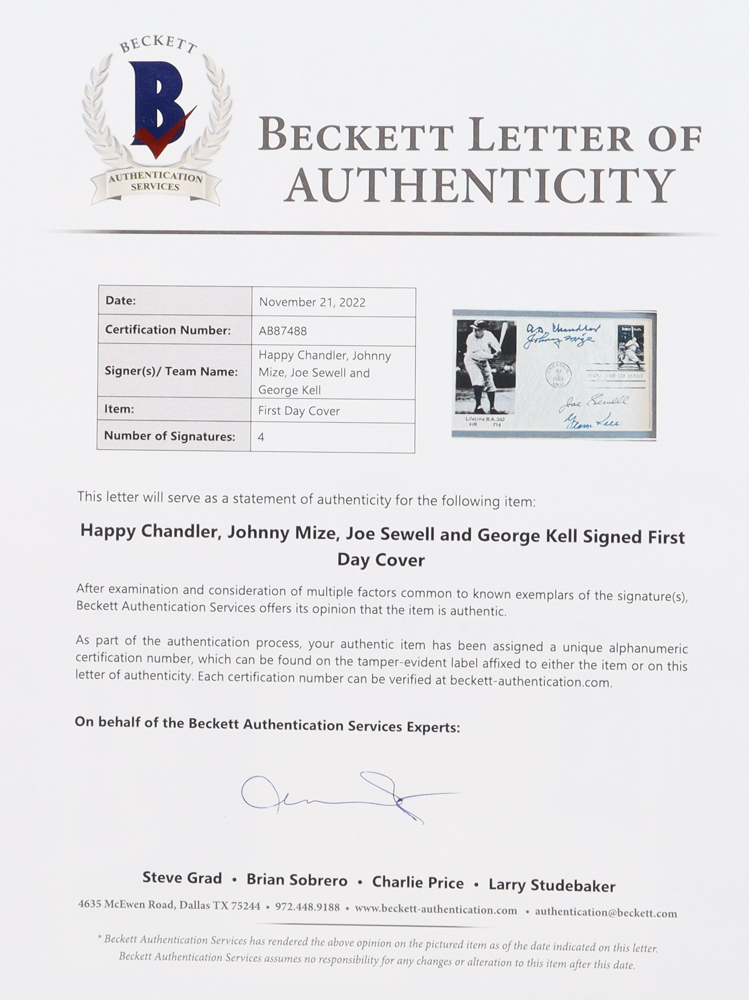 Happy Chandler, Johnny Mize, Joe Sewell & George Kell Signed Custom ...