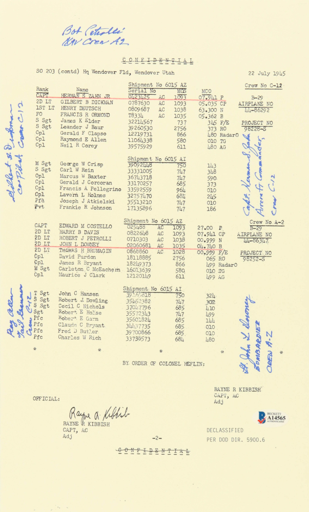 World War II 8x14 Declassified Print Signed By (5) with Herman Zahn, Ray Allen, John Downey ...