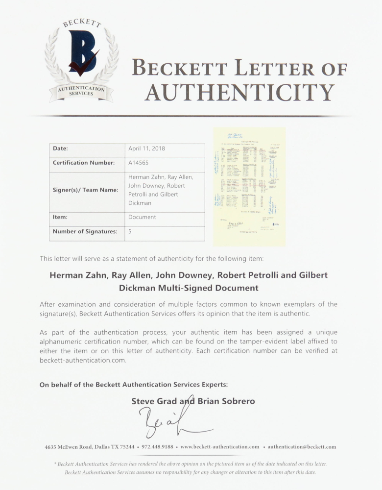 World War II 8x14 Declassified Print Signed By (5) with Herman Zahn, Ray Allen, John Downey ...