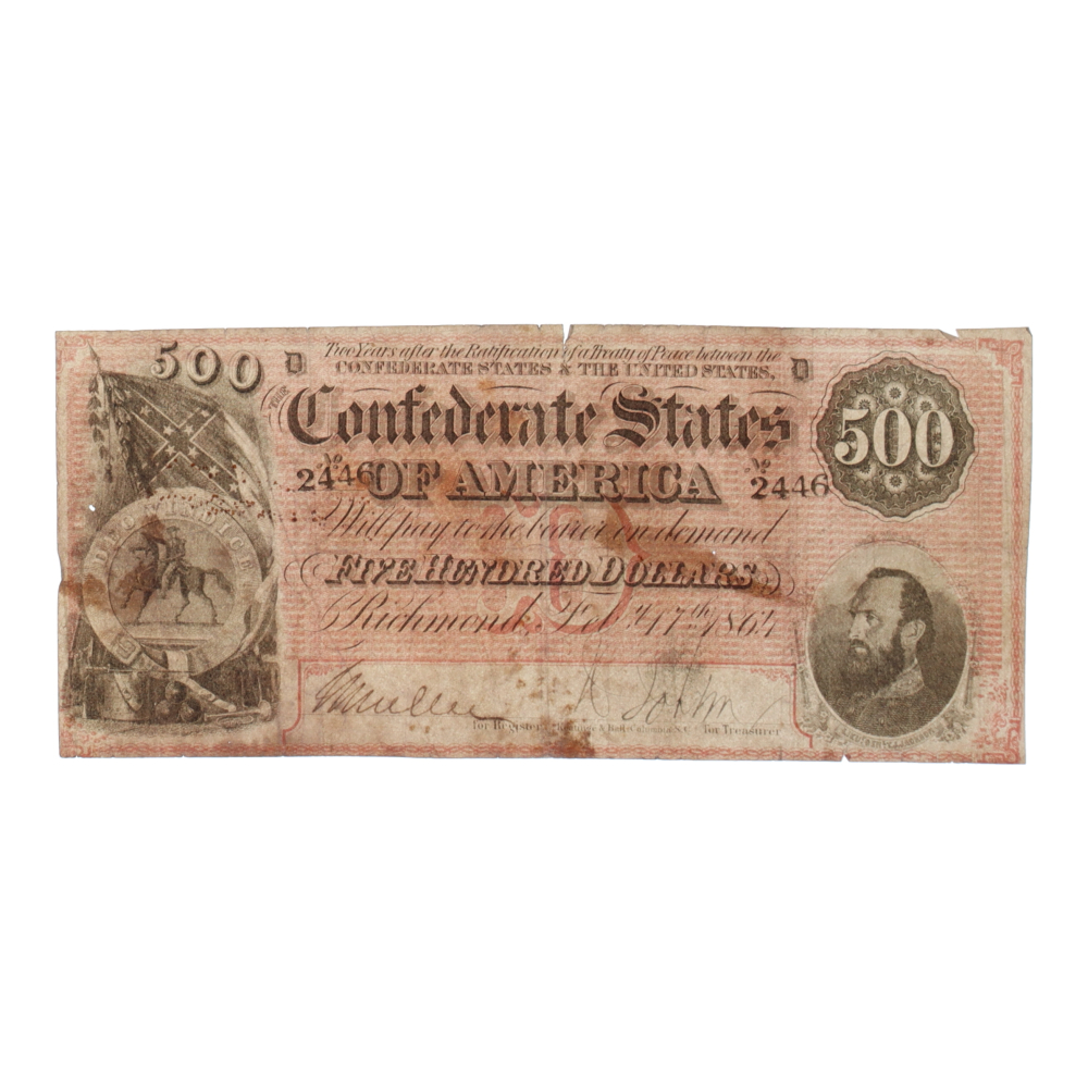 $500 Five Hundred Dollar Confederate States of America Bank Note ...