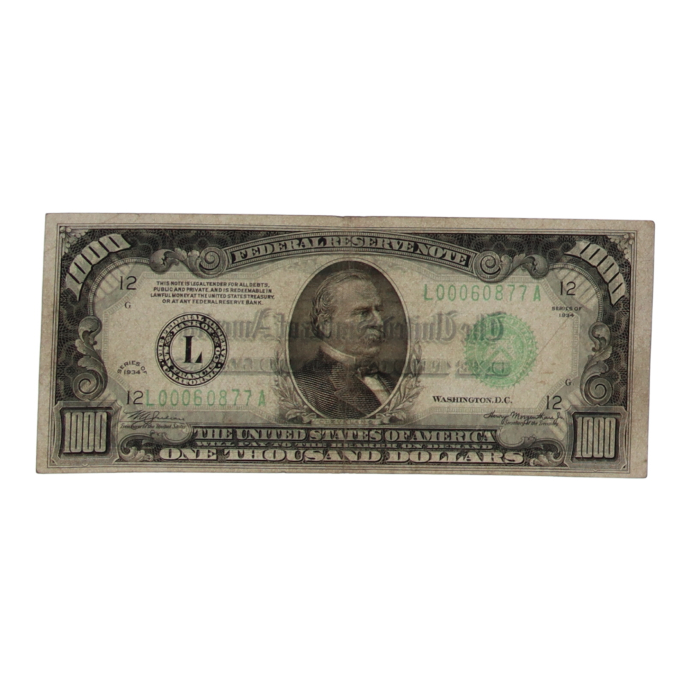 1934 $1000 One Thousand Dollar U.S. Federal Reserve Note | Pristine Auction