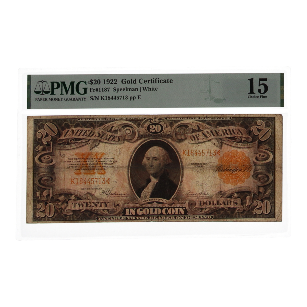 1922 $20 Twenty-Dollar U.S. Gold Certificate Bank Note (PMG 15 ...