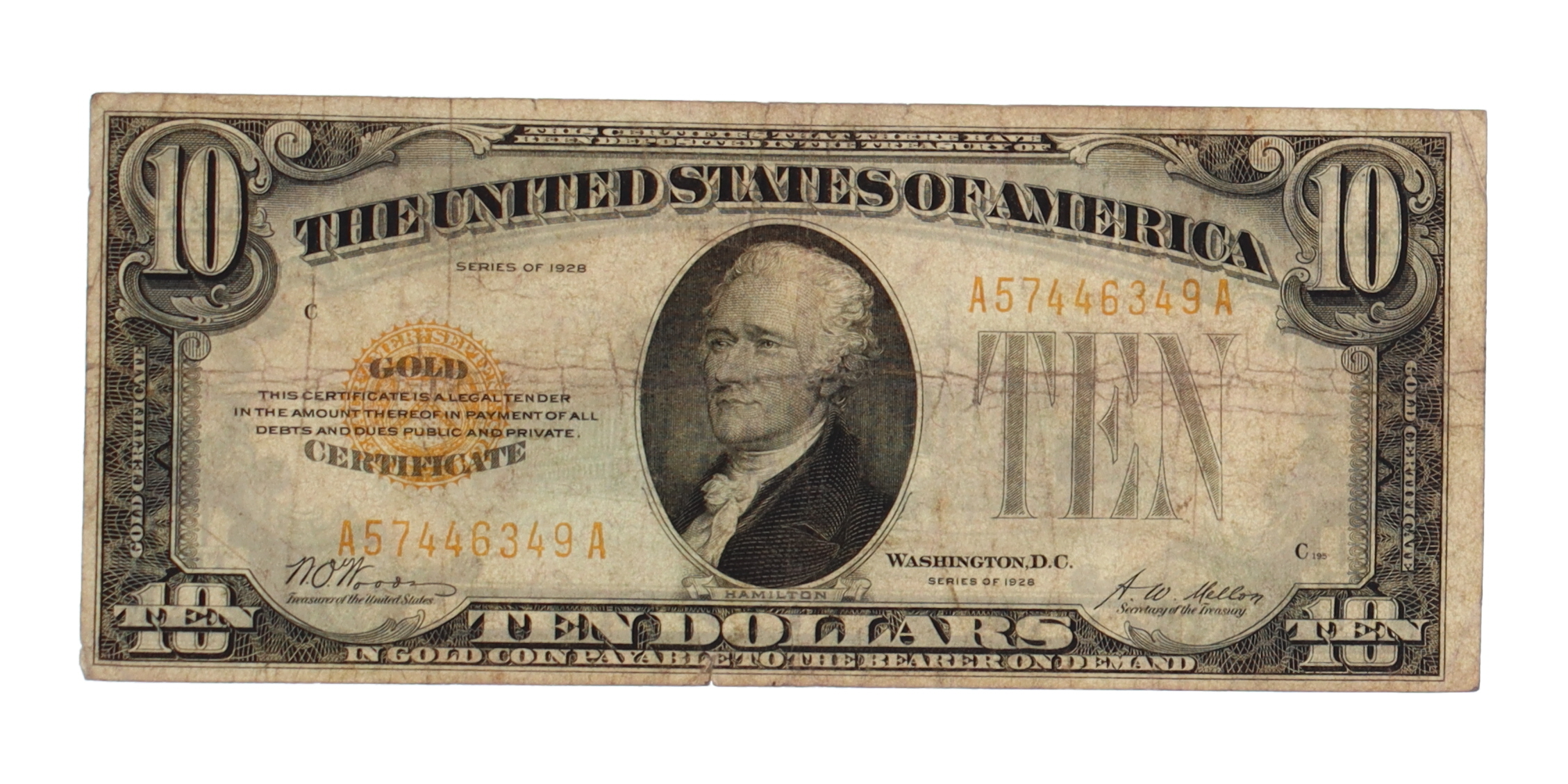 1928 $10 Ten Dollar Gold Certificate U.S. Bank Note | Pristine Auction