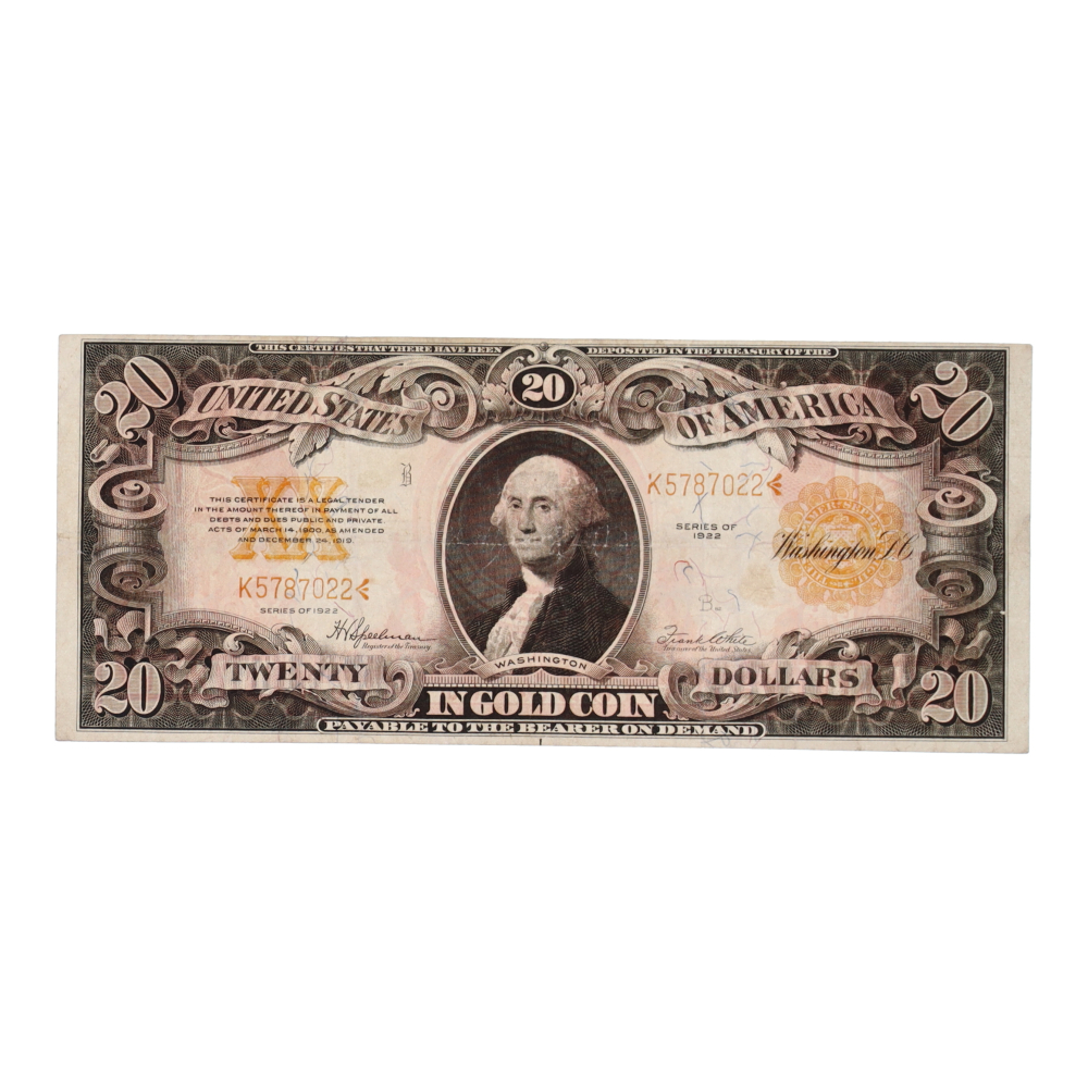 1922 $20 Twenty-Dollar U.S. Gold Certificate Bank Note | Pristine Auction