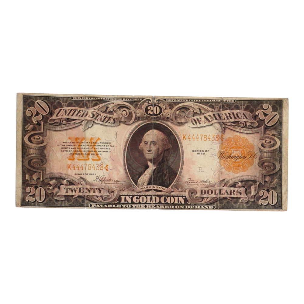 1922 $20 Twenty-Dollar U.S. Gold Certificate Bank Note | Pristine Auction
